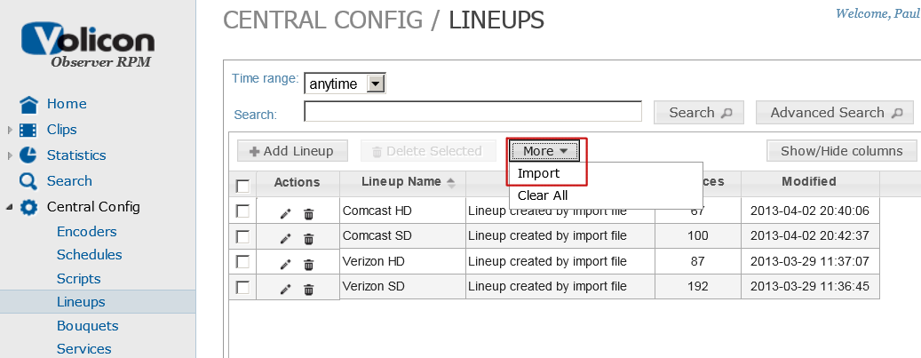Import lineup | Volicon 7.0 RPM Admin Guide | SnapStream
